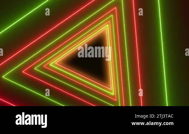 Video animation of many triangles in neon green and neon red on dark ...