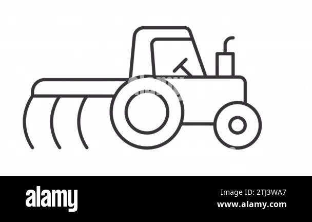 Animated tractor with harrow icon. Moving vehicle line animation ...