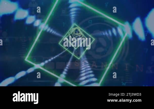 Animation of illuminated squares moving in loop with abstract lights over programming language ...