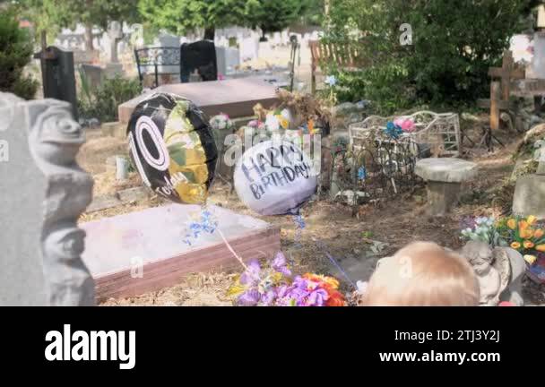 Abandoned Cemetery On Summer Day. Child Sit Over Grave. Graveyard With ...