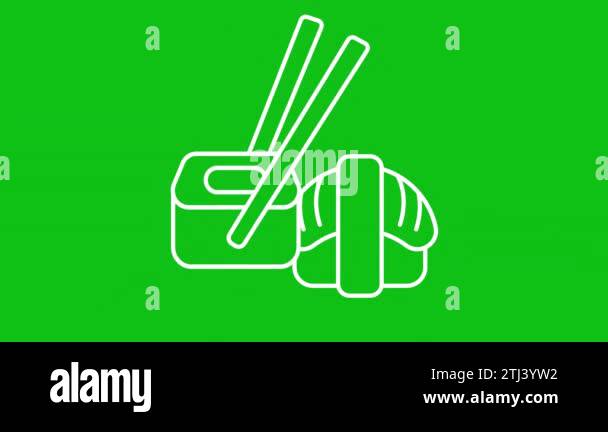 Animated sushi white line icon. Chopsticks grabbing maki roll animation ...