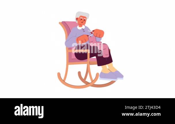 Grandma knitting animation. Animated isolated 2D gray hair grandmother ...