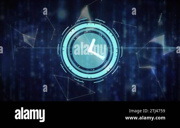 Animation of neon ticking clock and globe of plexus networks spinning ...