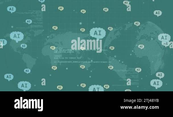 Animation of ai data processing over connections with ai icons with globe. Global artificial ...