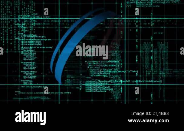 Animation of sphere with blue circles spinning against data, grids on ...