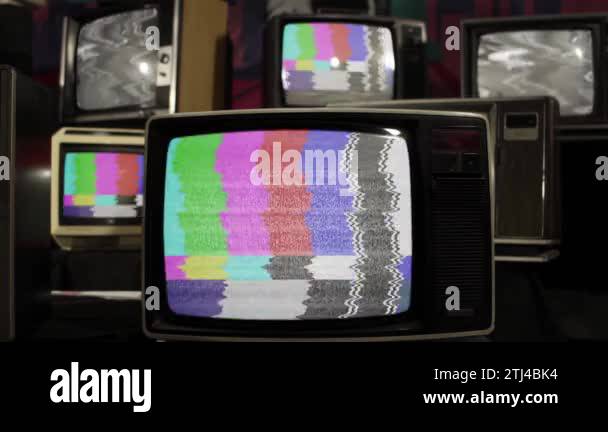 Retro TV Turning On Chroma Key Green Screen Among Many Vintage ...