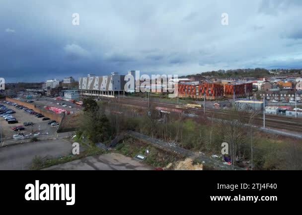 Aerial Footage of Train Tracks at Central Railway Station of Luton Town ...