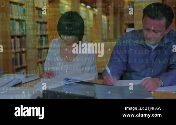 Animation of programming language over caucasian male and female ...