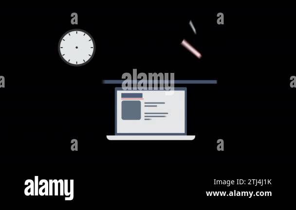 office with clock and bookshelf, laptop icon animation loop motion graphics video transparent ...