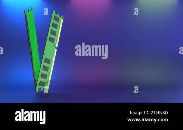 Two 3d computer ram chips rotating in a circle with colorful flashing ...