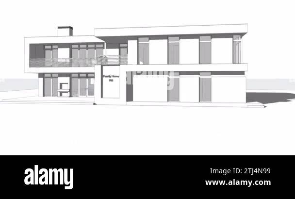 4K video rendering of a modern house with a flat roof. Frame model of ...