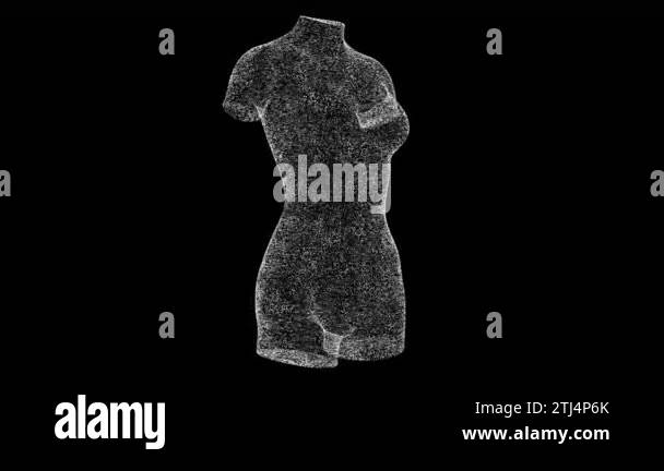 3d Womens Torso Rotates On Black Bg Object Dissolved White Flickering Particles 60 Fps