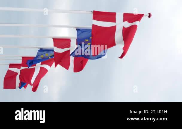 Flags of Denmark and European Union hoisted on windy and cloudy day ...