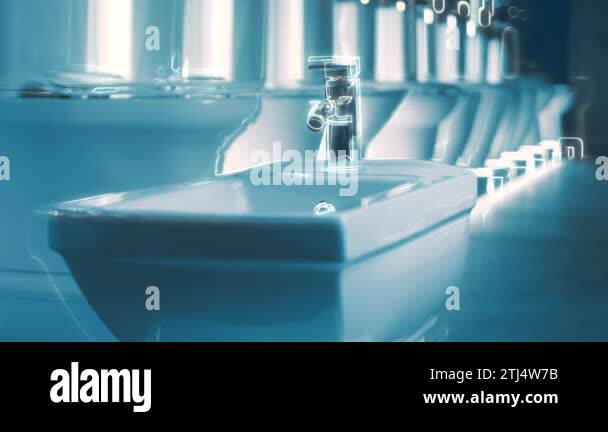 Rotating Toilet bowl. Studio filming. In the background a row of ...