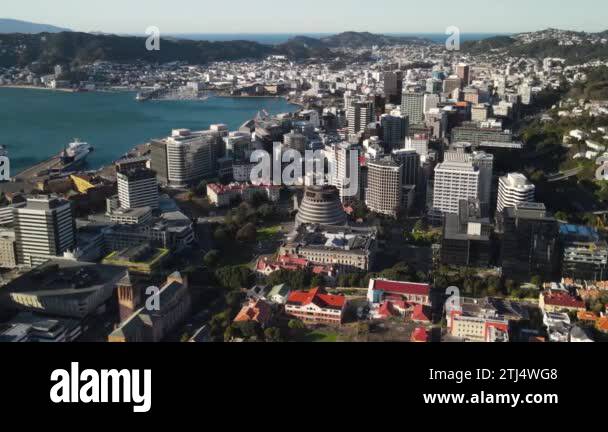 Wellington, the capital of New Zealand. Aerial panoramic of iconic ...