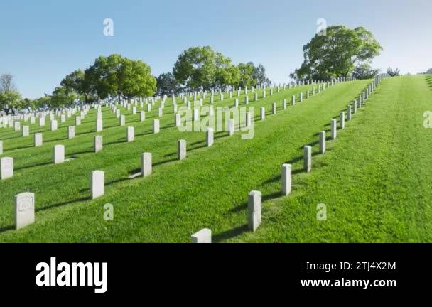 Peaceful funeral concept. Aerial Los Angeles National Cemetery ...