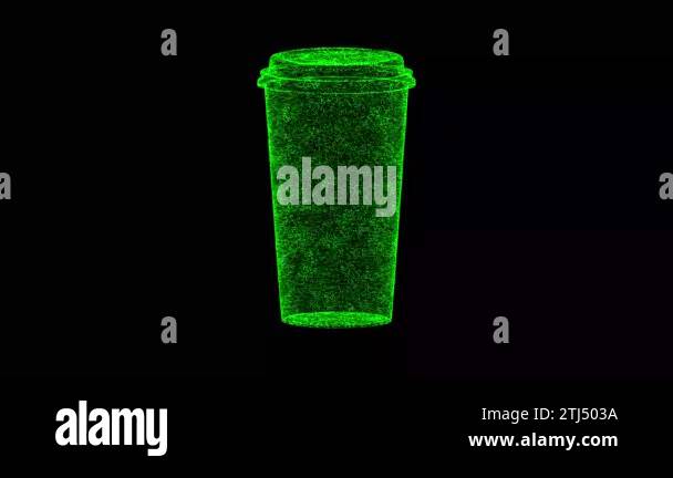 3d Paper Coffee Cup Rotates On Black Bg Object Dissolved Green Flickering Particles 60 Fps