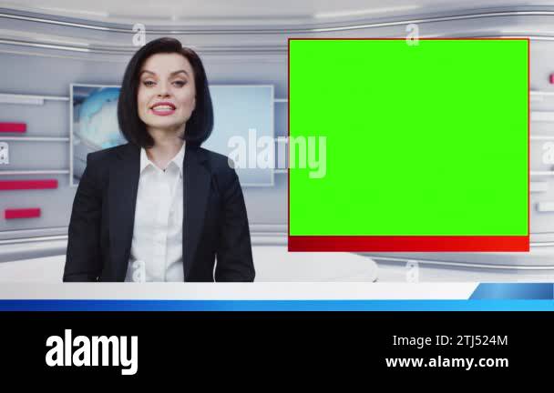 Mock-up playback of breaking news report with green screen and female ...