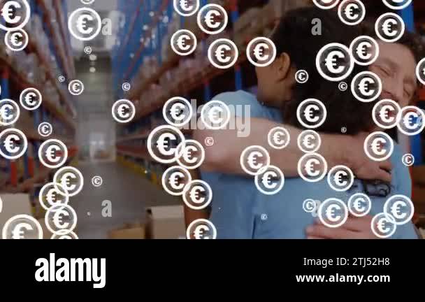 Animation of euro symbols over diverse volunteers in warehouse. Global ...