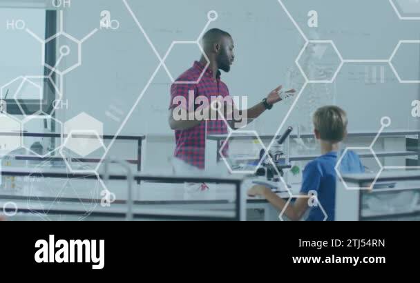 Animation of elemental diagrams over african american male teacher and ...