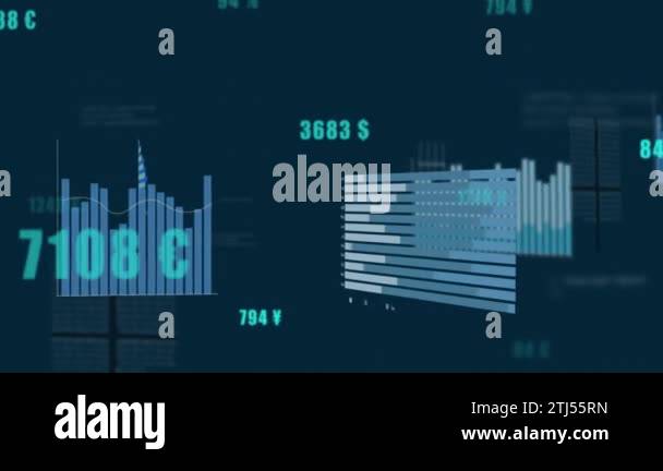 Animation of multiple changing numbers and statistical data processing against blue background ...