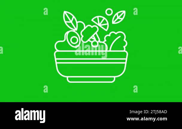 Animated salad white line icon. Vegetable ingredients bouncing in bowl ...