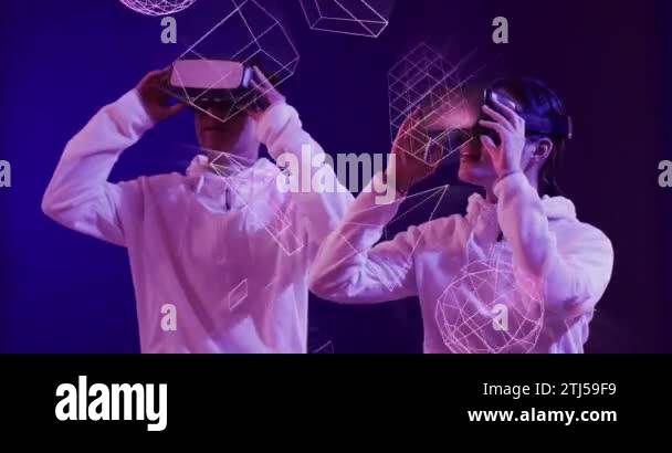 Animation of glowing 3d shapes of data transfer over asian people in vr ...