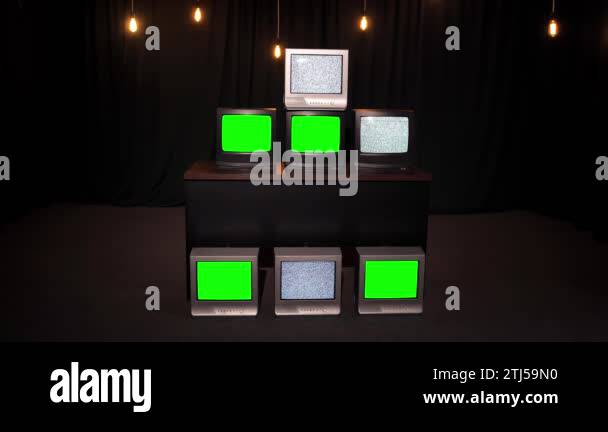 Lots of Retro TV Stack with static noise, color bars and green ...