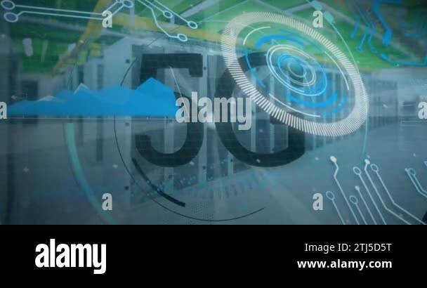 Animation of scope scanning with 5g text and data processing over server room. Global technology ...