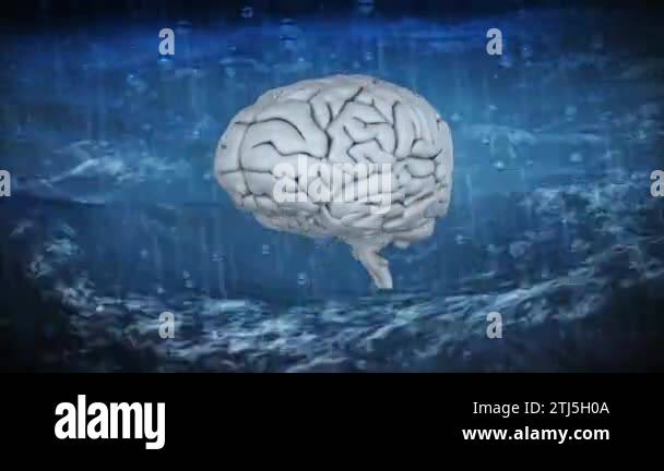 Human brain icon spinning against rain over sea waves in background ...