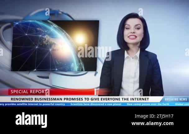 Female news anchor reporting breaking news on TV live channel about ...