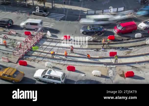 Repair works on the street timelapse. Laying of new tram rails on a ...