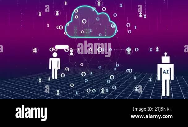 Animation of ai chat and data processing with cloud on purple background. Global artificial ...