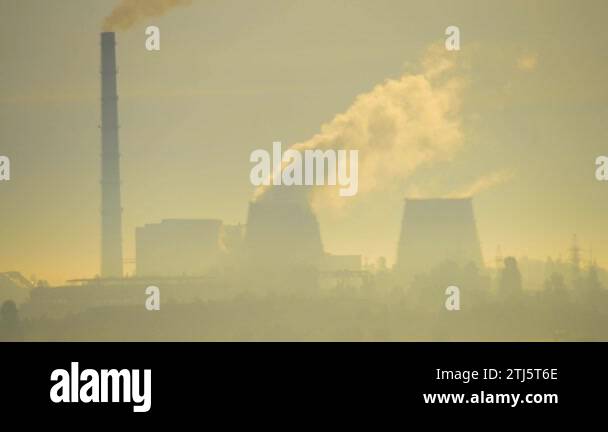 Factory complex in smog. Line and smoke from coal power plant ...