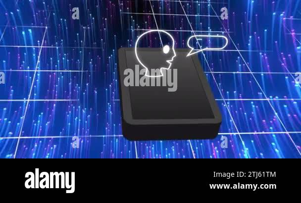 Animation of ai chat and data processing over tablet and grid. Global artificial intelligence ...