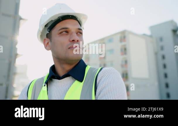 Contractor man, building and construction worker thinking, planning and ...