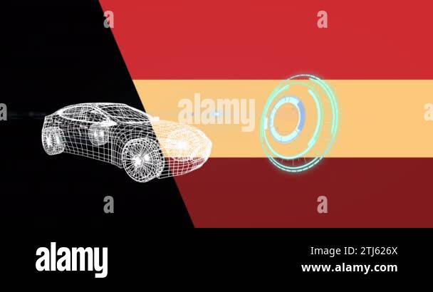 Animation of radar, lens flare and 3d model of car over multicolored ...