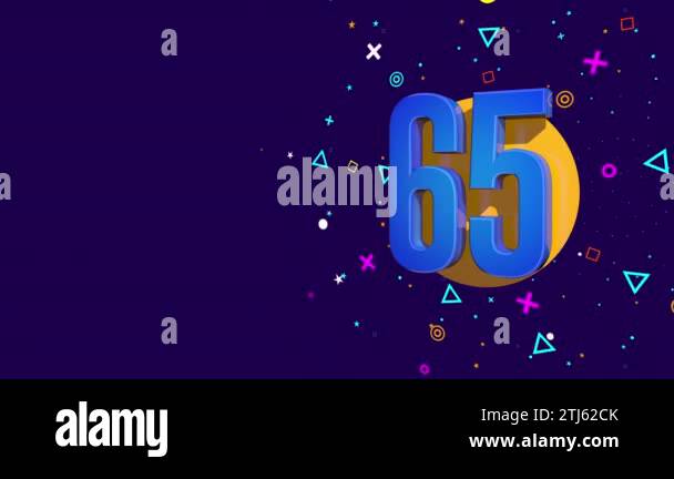 Greeting card of blue number 65 on an orange circle spewing magenta and ...