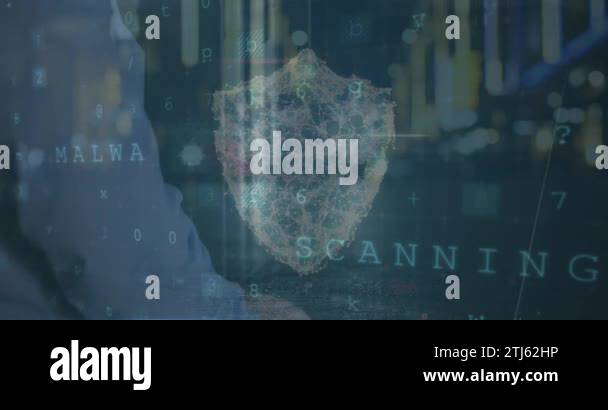 Animation of cyberattack warning and data processing with shield icon over caucasian businessman ...