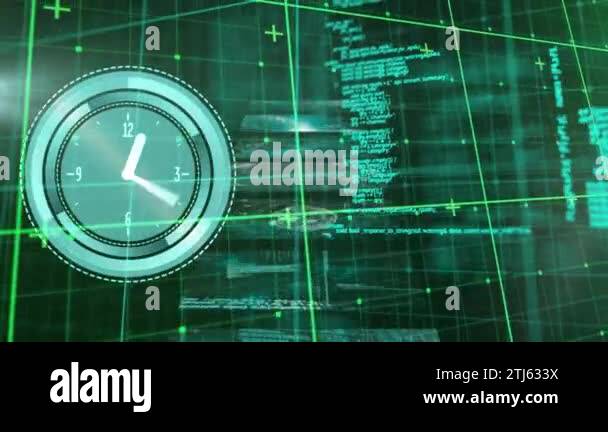 Animation of neon ticking clock over multiple screens with data processing against green ...