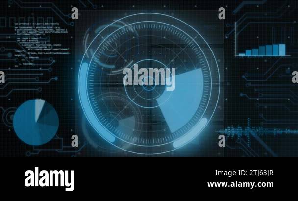 Animation of round scanner scanning over interface with data processing against black background ...