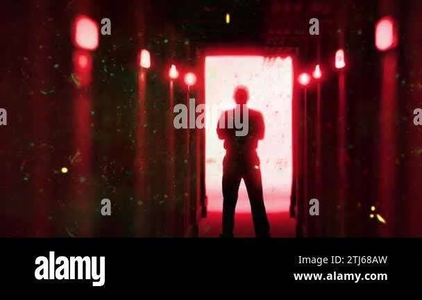Animation of damaged colour film of scary figure backlit in doorway of ...