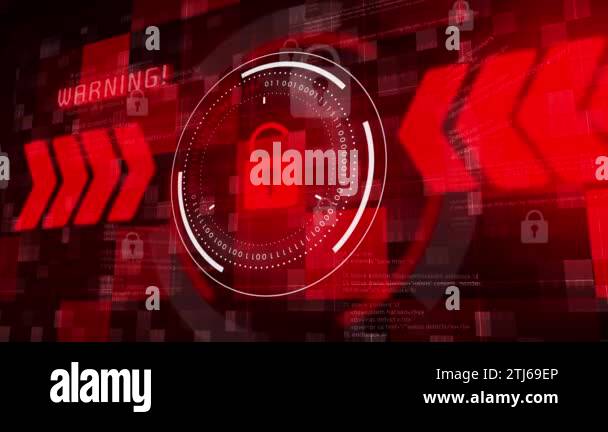 Red open padlock icon. Flashing warning message background with binary ...