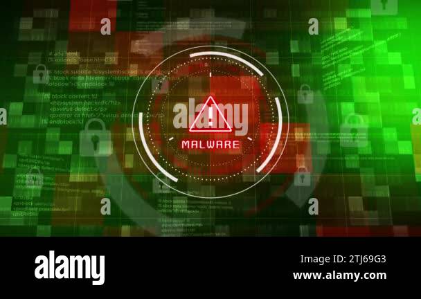 Red MALWARE warning with exclamation mark in circle with numbers. Green ...
