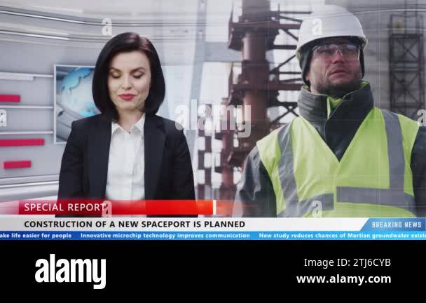Woman presenter in TV studio commenting news about construction of new ...
