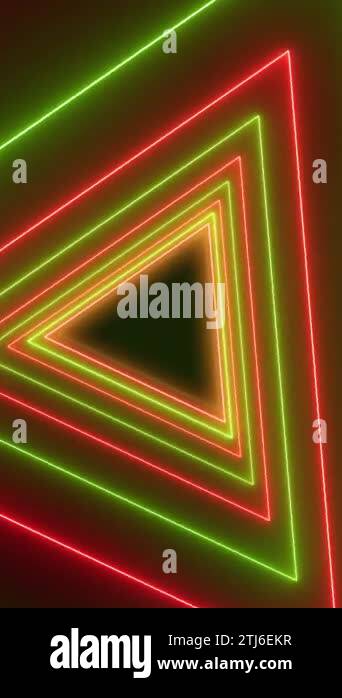Vertical video animation of many triangles in neon green and neon red ...