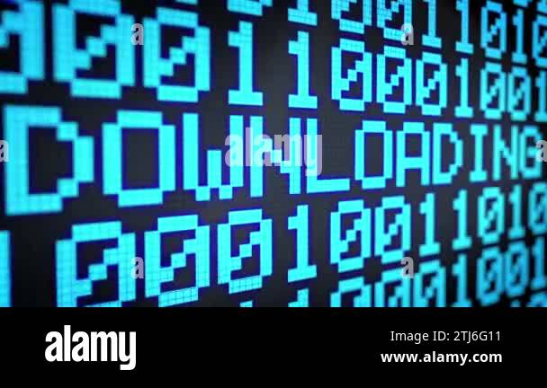 Looped animated background with running lines with binary code and shimmering text "DOWNLOADING ...