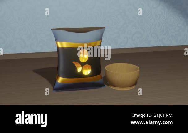 Chips pouring on small bowl. 3d render animation of chips packet.Chips ...