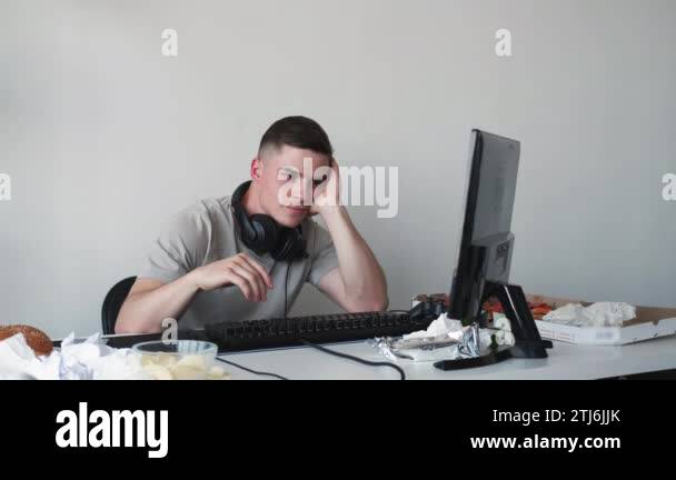 Boring gaming. Typing keyboard. Tired man gamer pressing button keypad ...