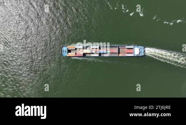 Container cargo ship, bulk transport for sea containers. Top down ...